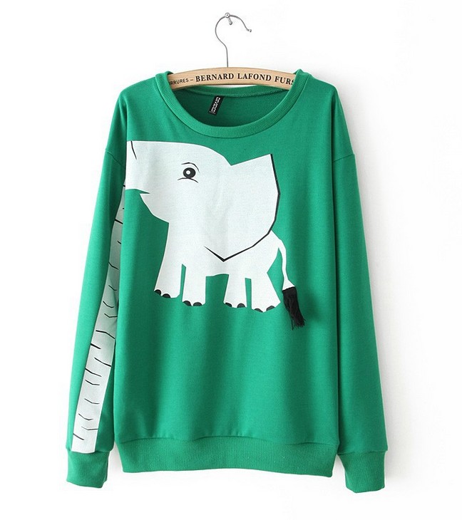 Green Proboscis Elephant Print Round Neck Sweater on Luulla